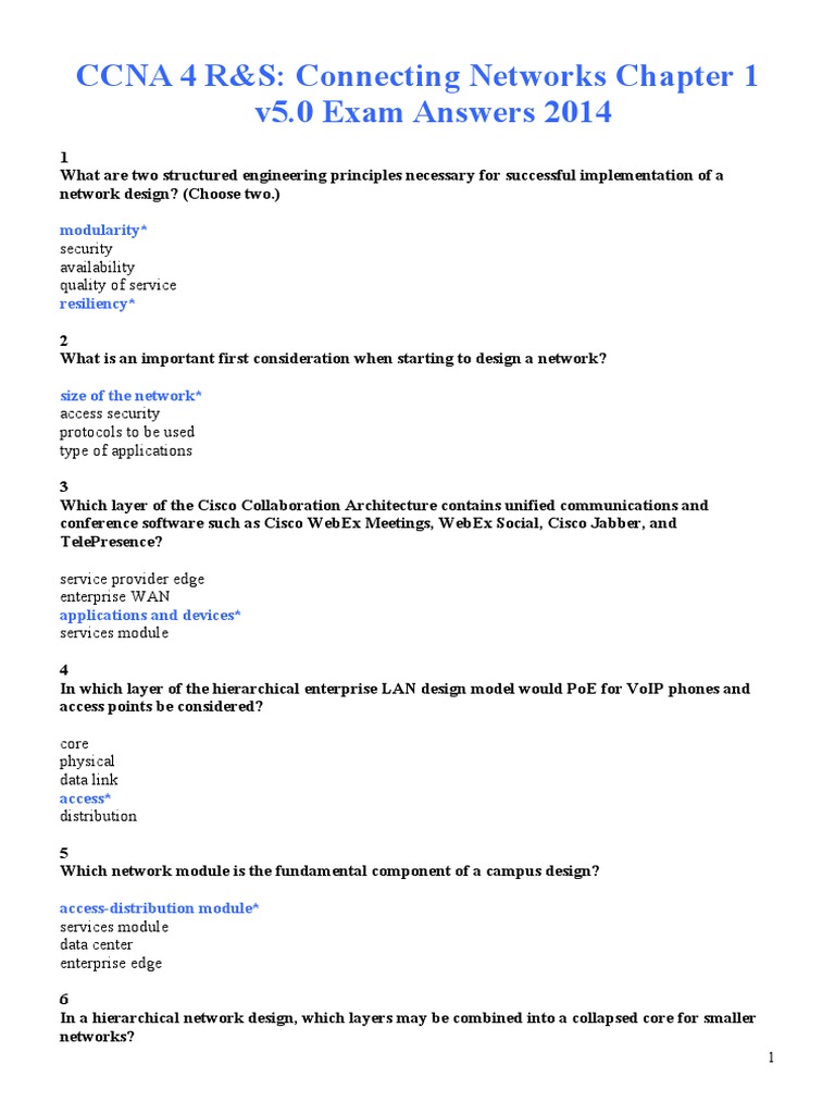 Connecting Networks Chapter 1 v5.0 Exam Answers 2014 | PDF | Networks ...
