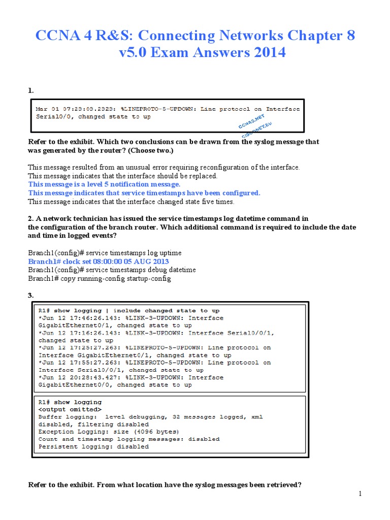 Connecting Networks Chapter 8 v5.0 Exam Answers 2014 | PDF | Data Transmission | Network ...