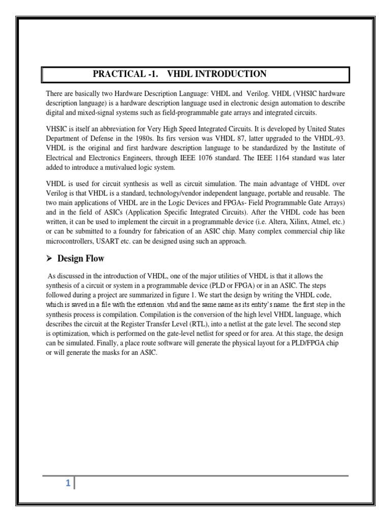 Practical - 1. VHDL Introduction: Design Flow | PDF | Vhdl | Field ...