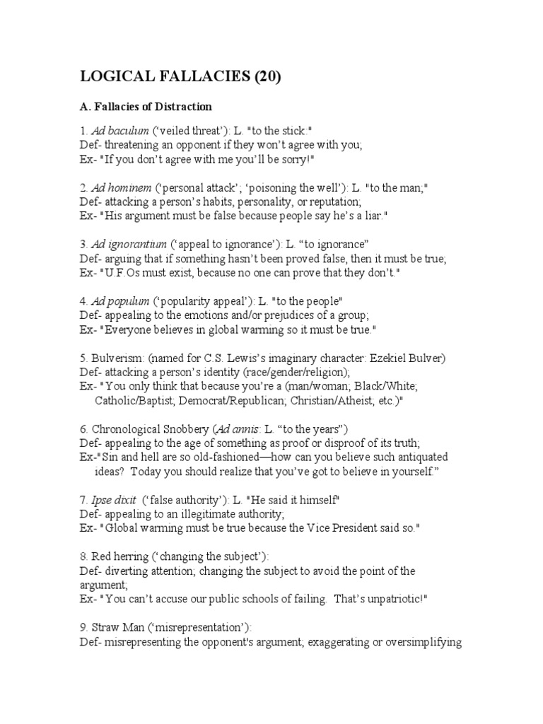 Logical Fallacies (20) : A. Fallacies of Distraction | PDF | Truth ...