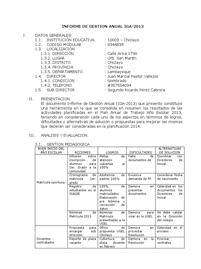 Informe de Gestion Anual Iga | PDF | Evaluación | Maestros