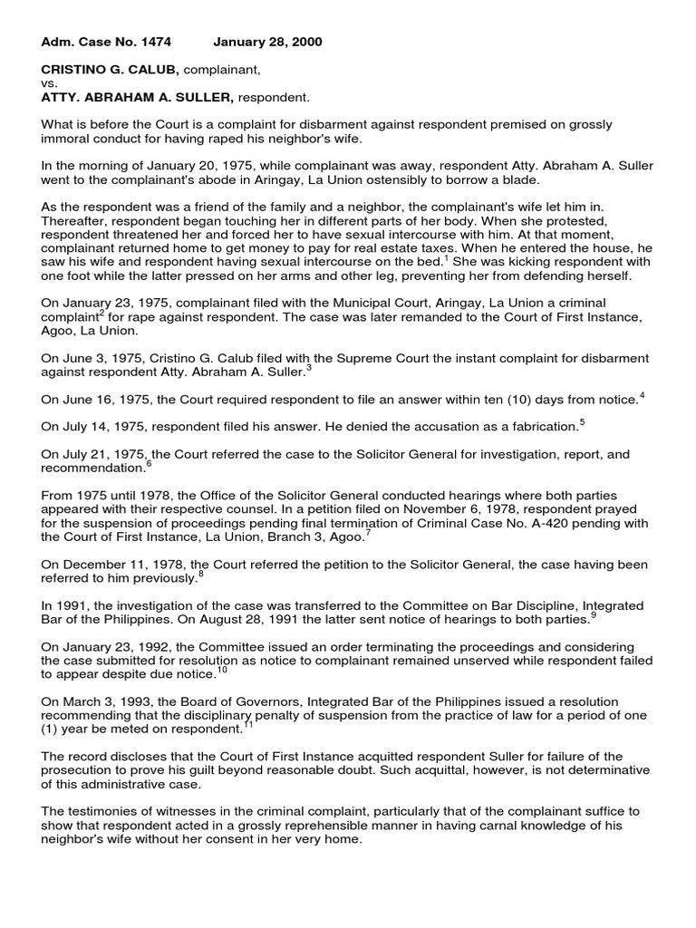 Adm. Case No. 1474 January 28, 2000 CRISTINO G. CALUB, Complainant ...
