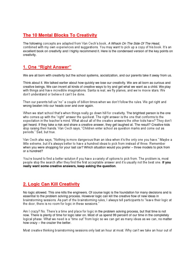10 Mental Blocks to Creativity | PDF | Brainstorming | Creativity
