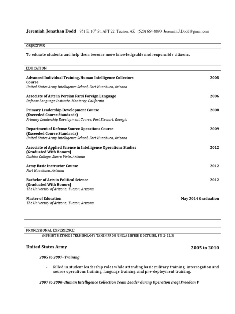 Jeremiah Dodd Resume | PDF | Military | National Security