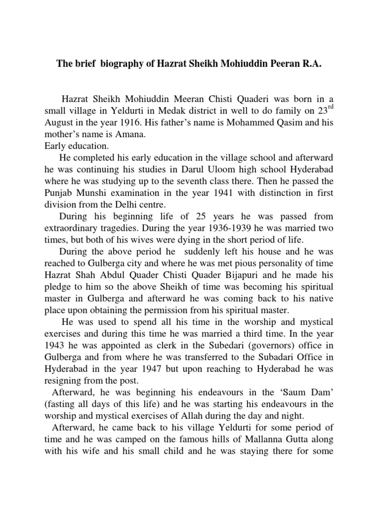 The Brief Biography of Shaikh Mohiuddin Peeran R.A. | PDF | Abrahamic ...