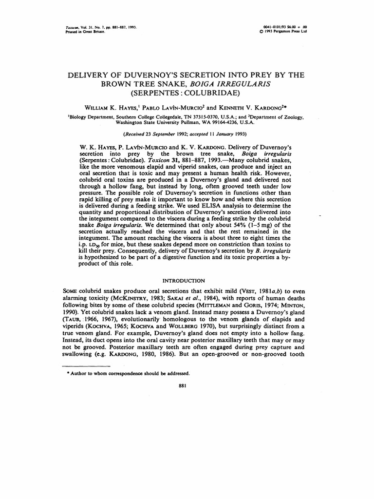 Duvernoy's Secretion in Brown Tree Snakes | PDF | Elisa | Venom