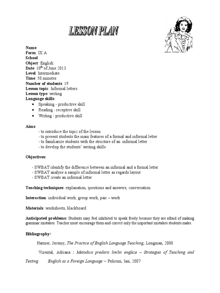 Lesson Plan Infomal Letter | PDF | Human Communication | Linguistics