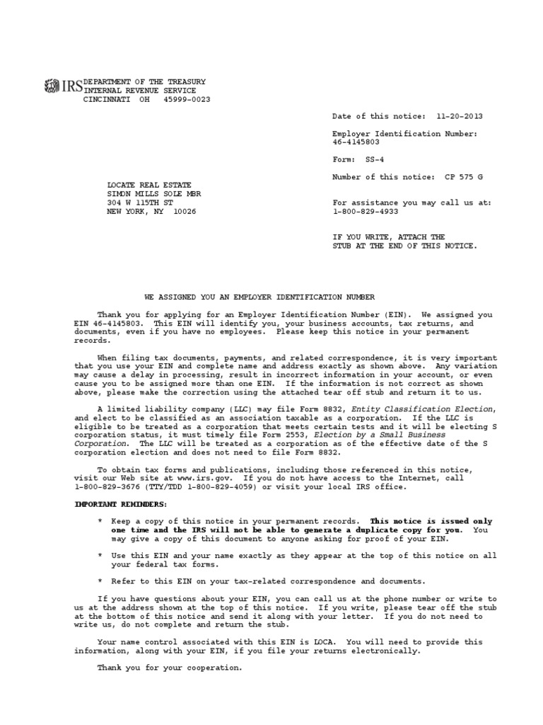 EIN Assignment Notice for Real Estate | PDF | Limited Liability Company ...