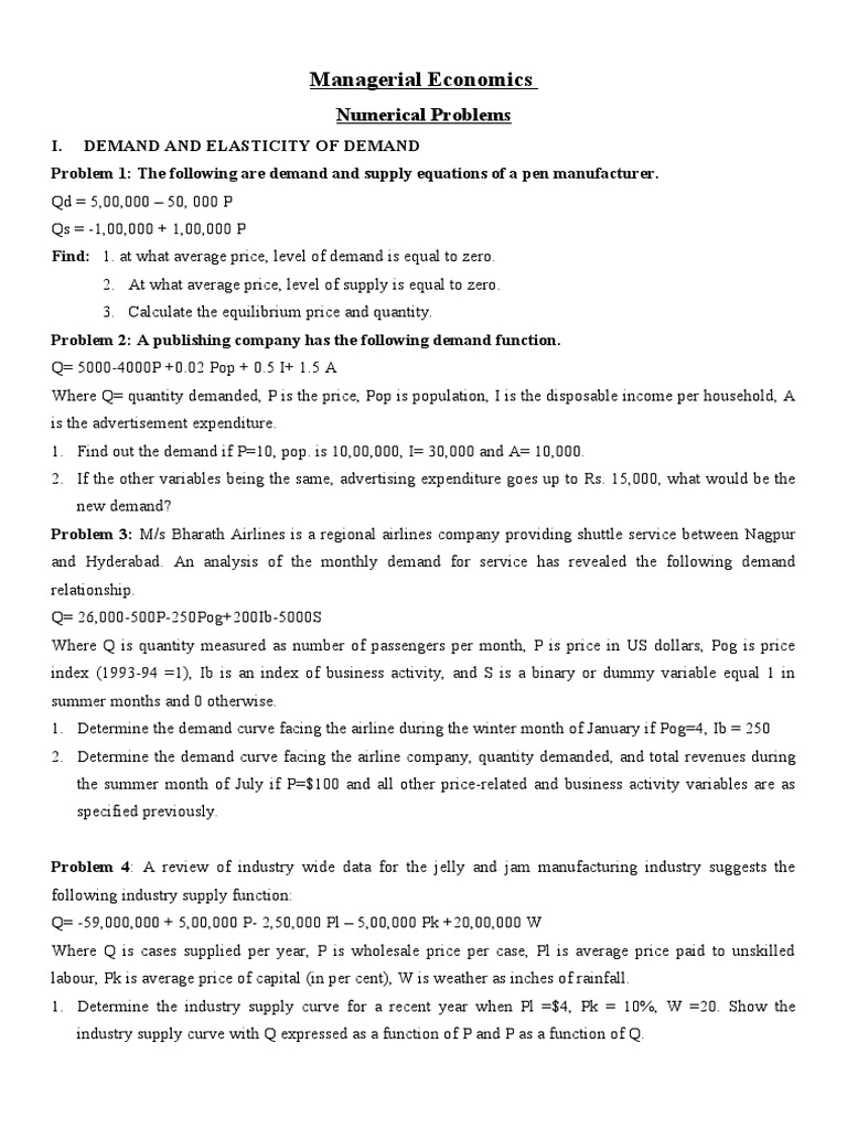 Managerial Economics: Numerical Problems | PDF | Elasticity (Economics ...