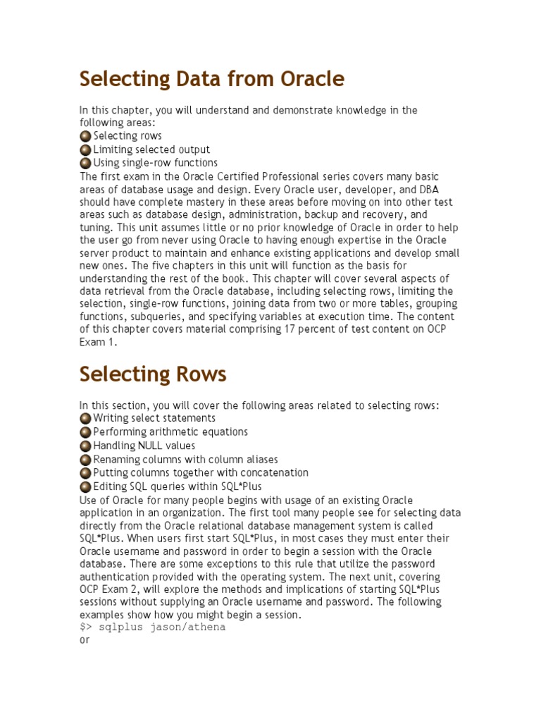 Selecting Data From Oracle: $ Sqlplus Jason/athena | PDF | Oracle Database | Parameter (Computer ...