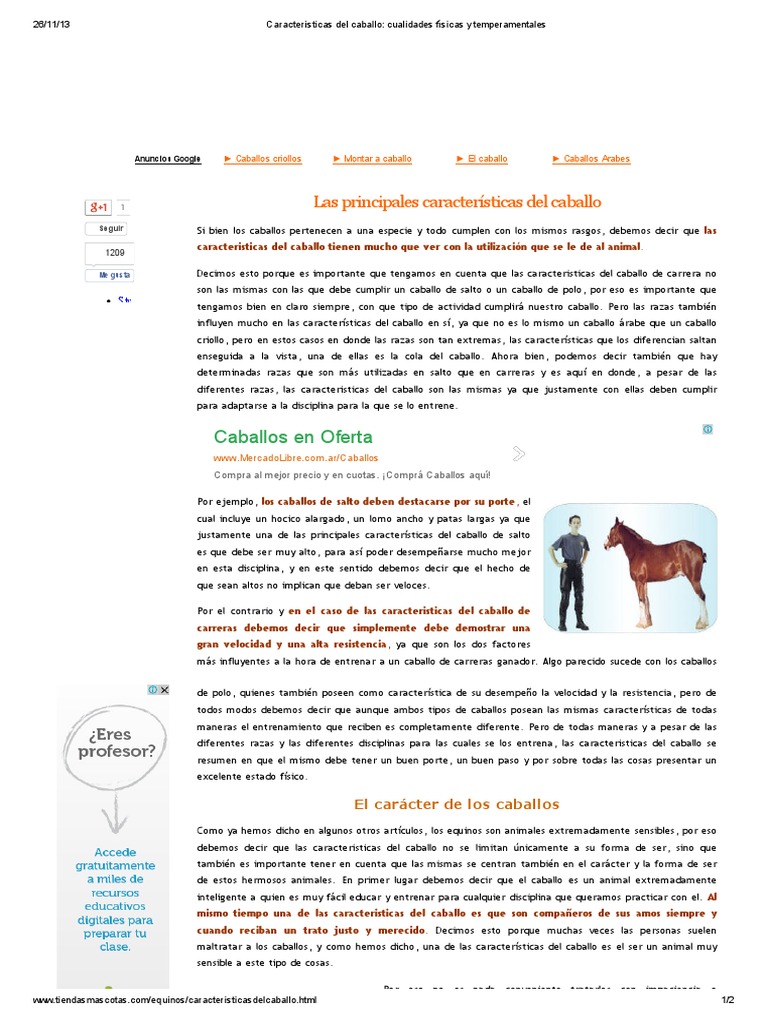 Caracteristicas Del Caballo - Cualidades Físicas y Temperamentales PDF ...