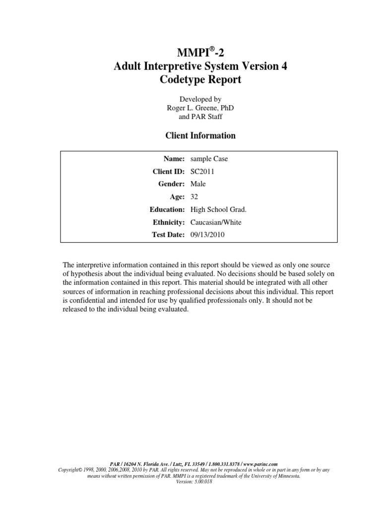 MMPI-2 Adult Interpretive System Version 4 Codetype Report | PDF | Mood (Psychology) | Mental Health