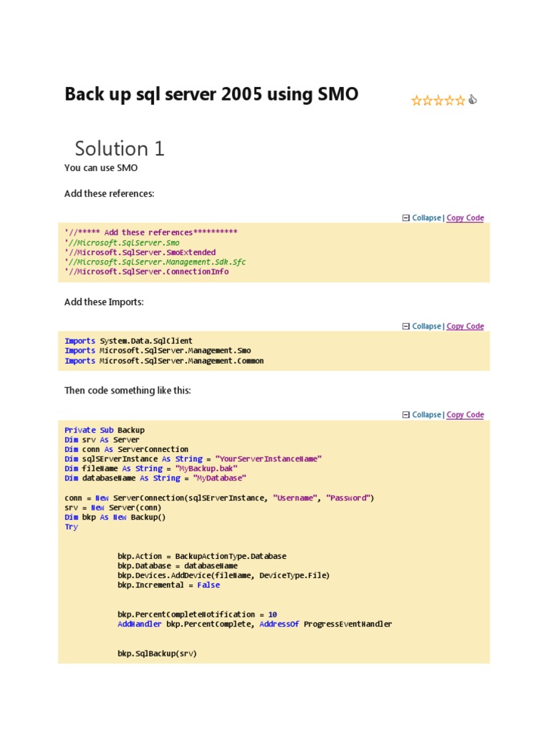 Back Up SQL Server 2005 Using SMO | PDF | Backup | Microsoft Sql Server