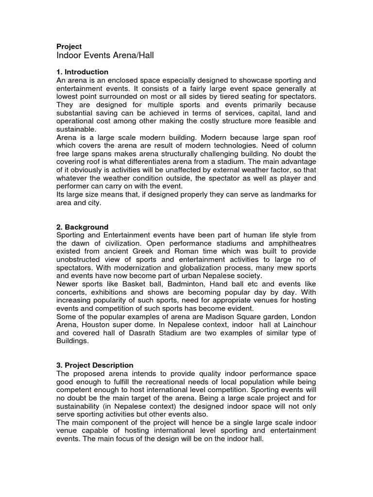Indoor Arena Project Proposal | PDF | Stadium | Sports