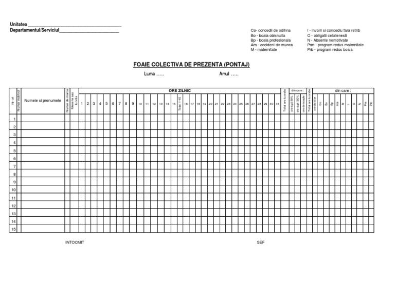 Model Pontaj-foaie Prezenta