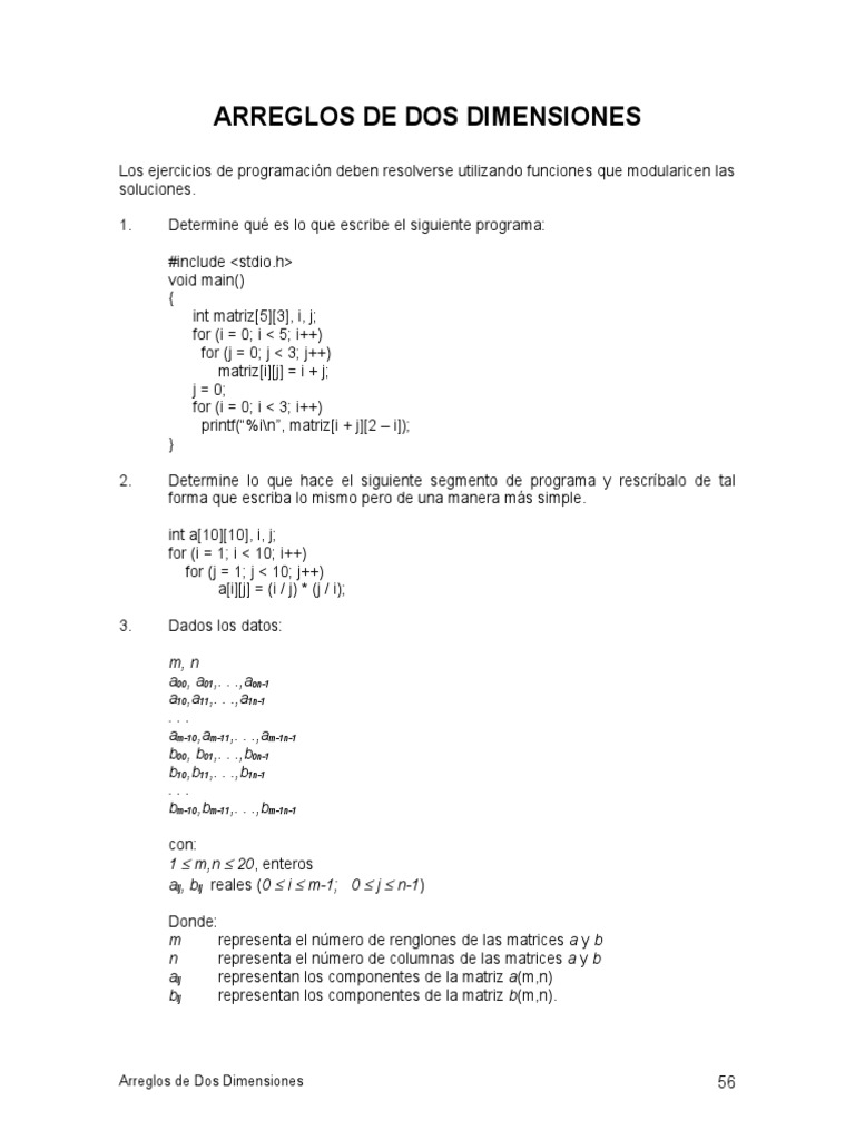 Ejercicios - Arreglos Bidimensionales | PDF | Estructura de datos de ...