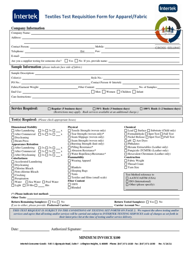USA Textiles Test Requistion Form For Apparel Fabric INTER COMPANY ...