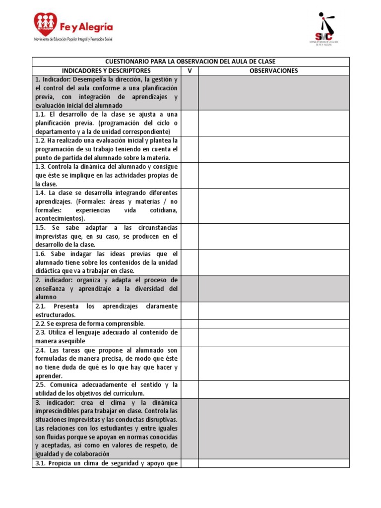 Cuestionario Para La Observacion Del Aulade Clase | Planificación ...
