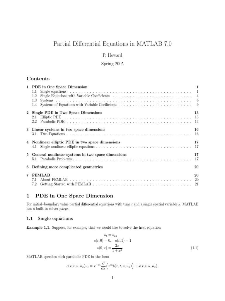 Partial Differential Equations in MATLAB | PDF | Partial Differential ...