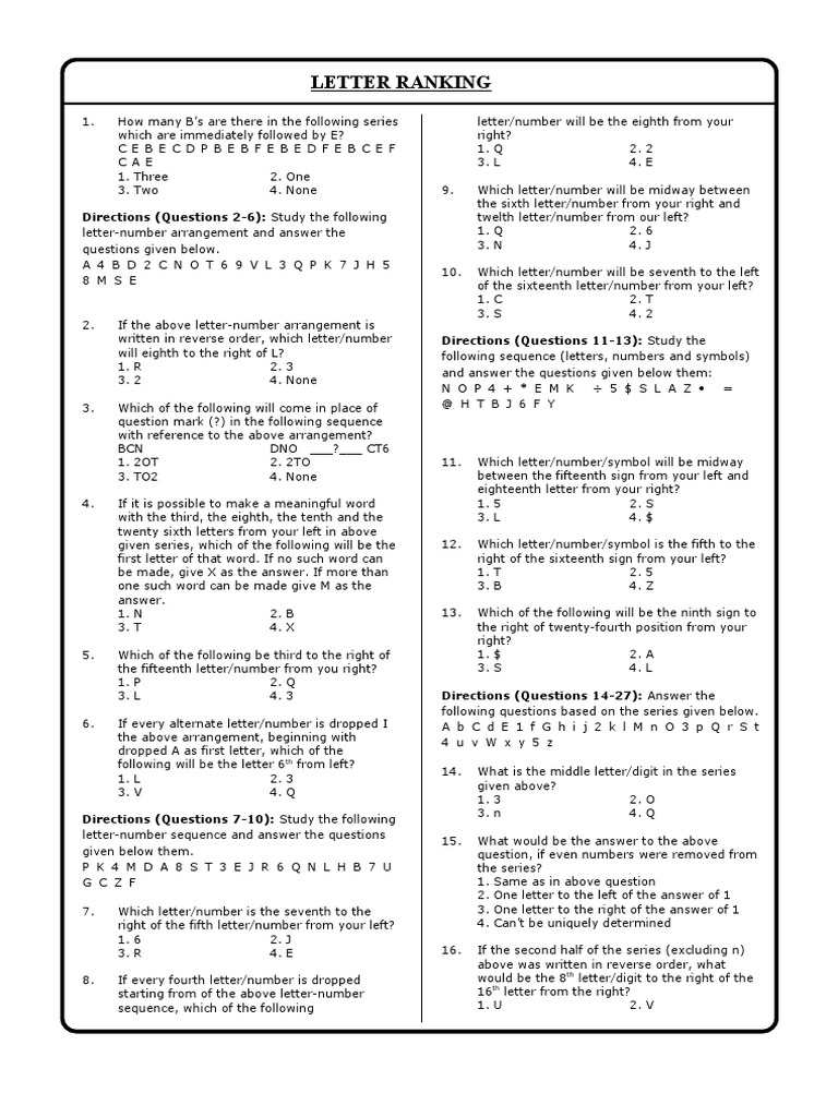 Letter Ranking: Directions (Questions 2-6) : Study The Following | PDF