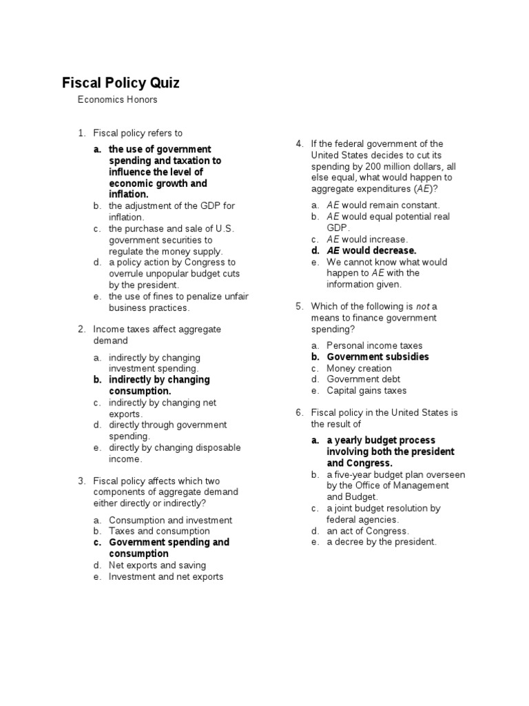 EC Fiscal Policy Quiz ANSWERS | PDF | Government Budget Balance ...