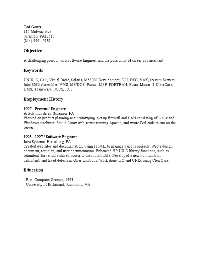 Software Engineer Resume of Ted Gontz | PDF | Technology & Engineering