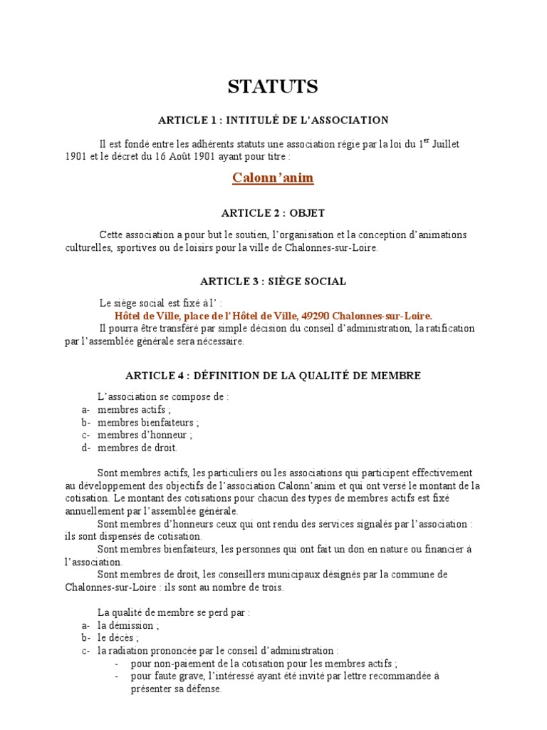 Statuts: Calonn'anim | PDF | Conseil d'administration | Loi