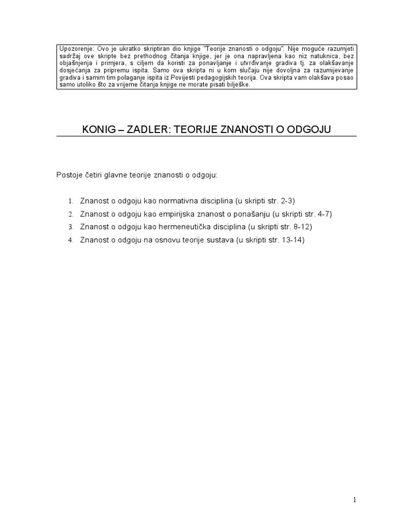 Teorije Znanosti o Odgoju Skripta | PDF
