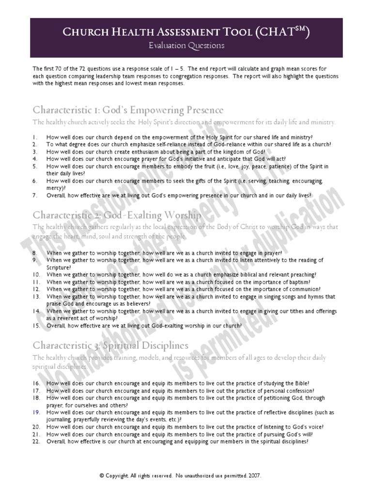 Church Health Assessment Questions | PDF | Worship | Servant Leadership