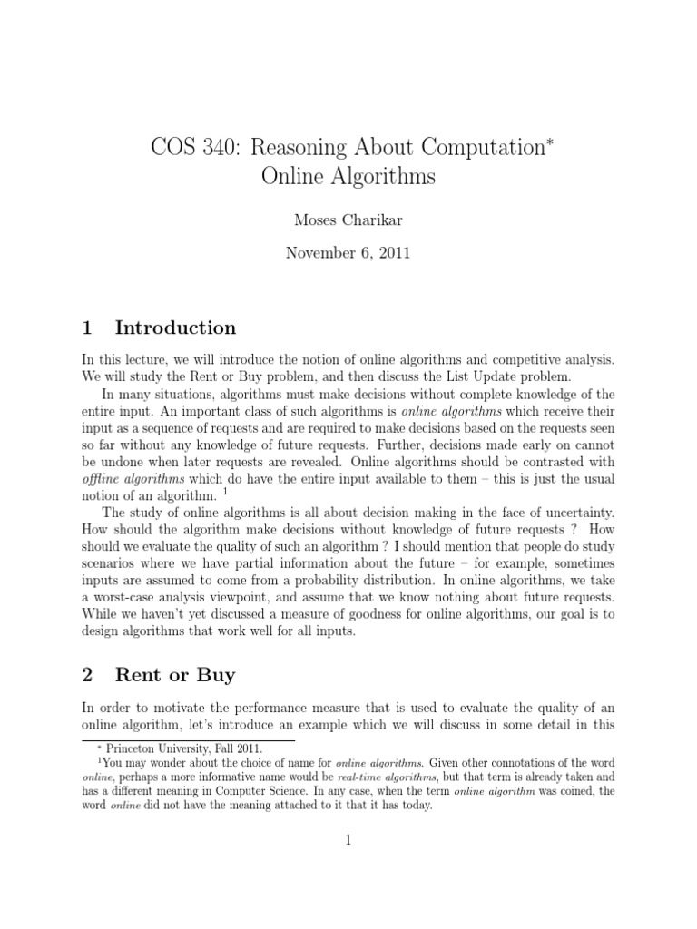 COS 340: Reasoning About Computation Online Algorithms | PDF | Algorithms | Mathematical Concepts