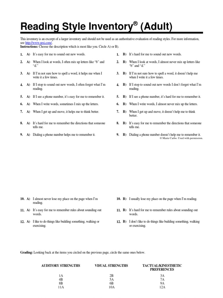 Reading Style Inventory (Adult) : © Marie Carbo. Used With Permission ...