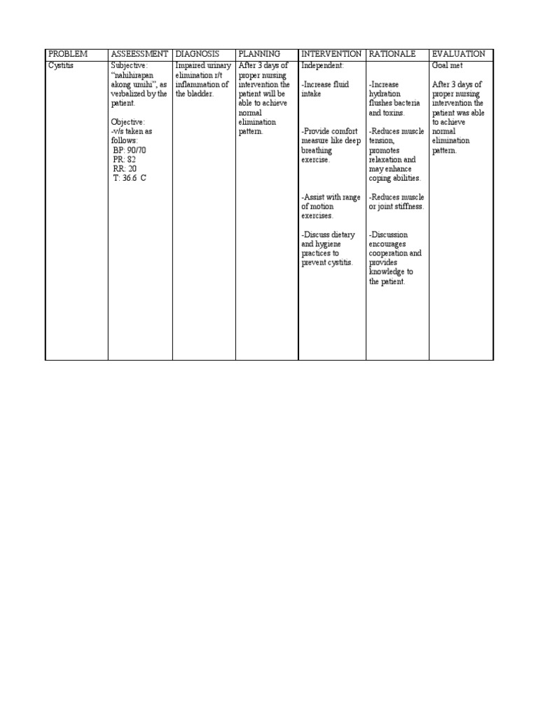 Nursing Care Plan CYSTITIS | PDF | Urinary Tract Infection | Urinary ...