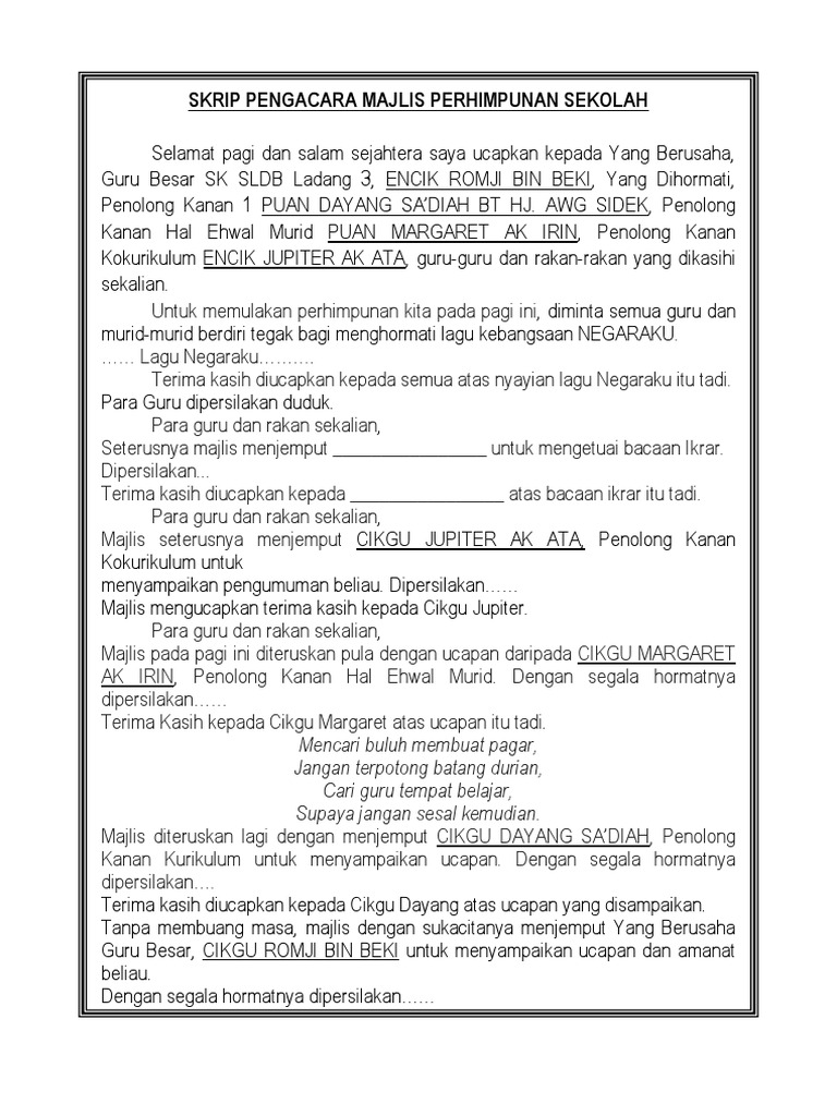Skrip Pengacara Majlis Perhimpunan Sekolah | PDF