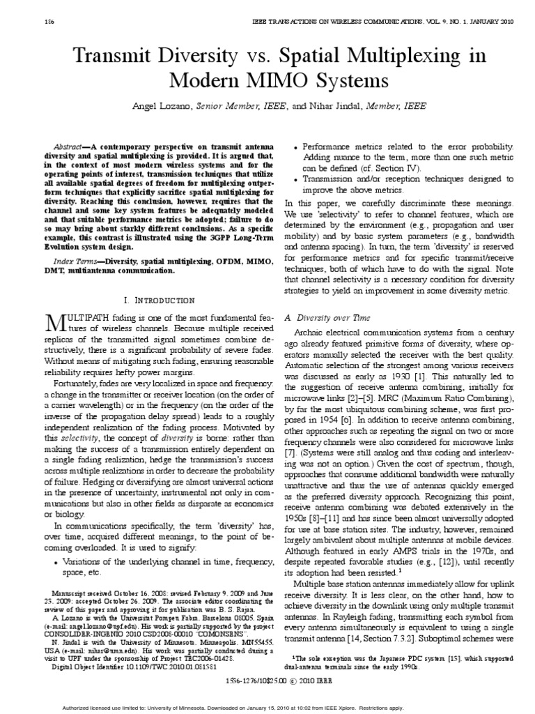MIMO: Transmit Diversity vs. Spatial Multiplexing | PDF | Mimo ...