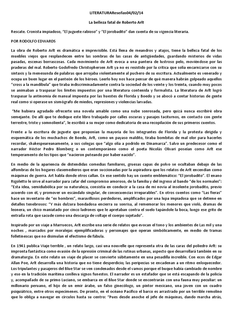 Roberto Arlt: Vigencia y Legado | PDF | Novelas | Periodismo