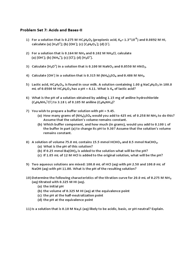 Acids and Bases Problem Set Analysis | PDF | Science & Mathematics