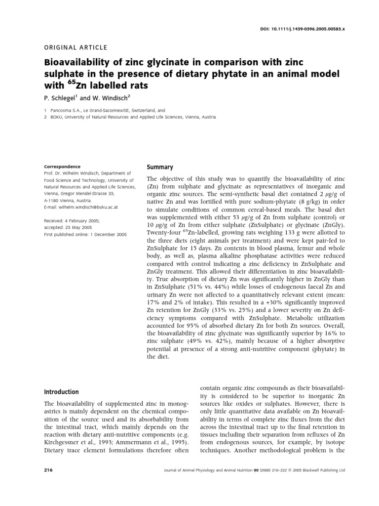 Bioavailability of Zinc Glycinate in Comparison With Zinc Sulphate PDF ...