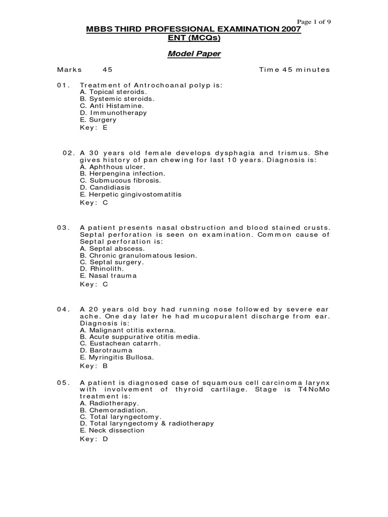 Ent MCQ | PDF | Human Nose | Health Sciences