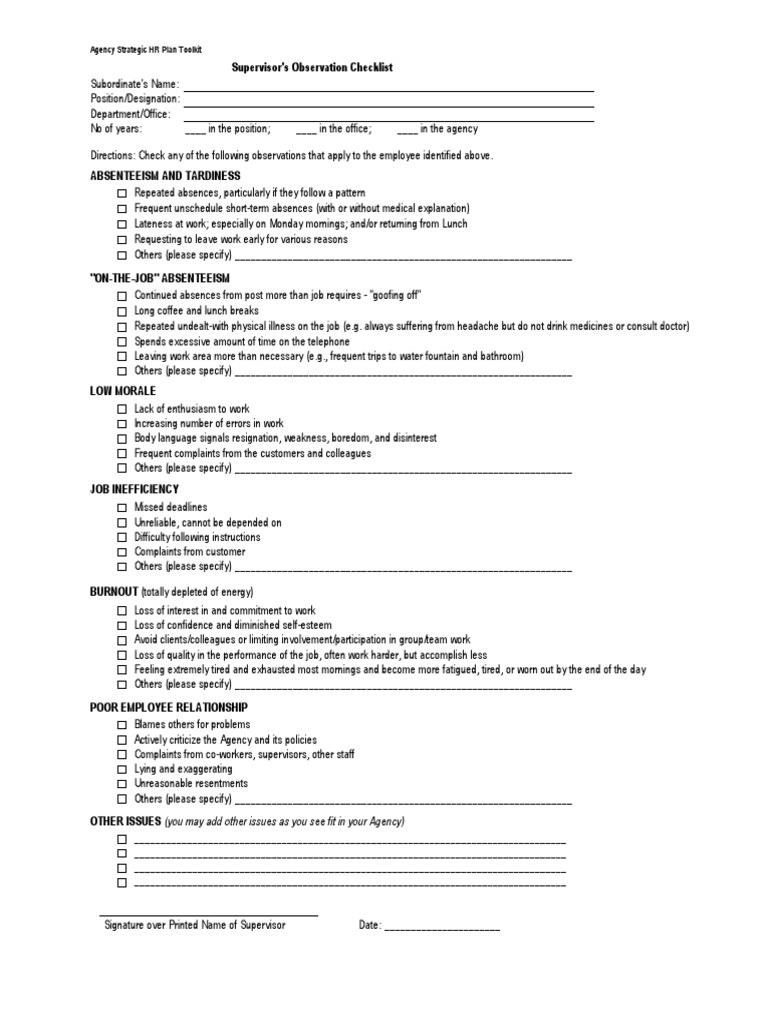 Supervisor's Observation Checklist | PDF | Psychology | Behavioural ...