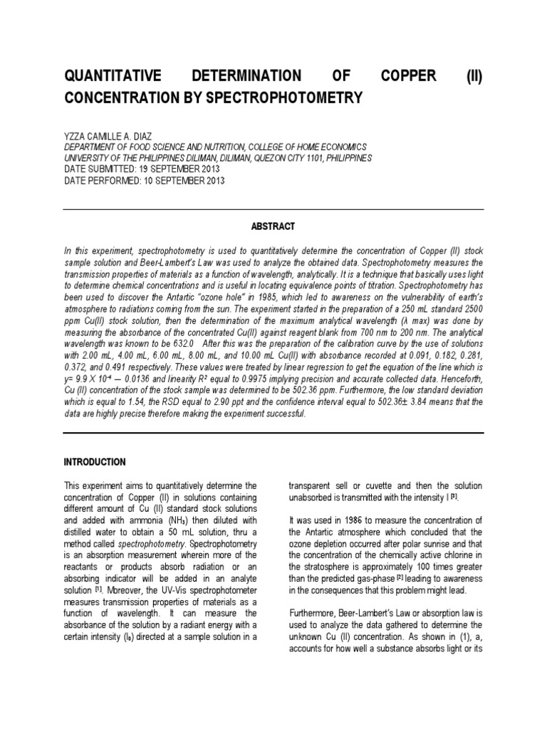 Quantitative Determination of Copper | PDF | Spectrophotometry | Absorbance