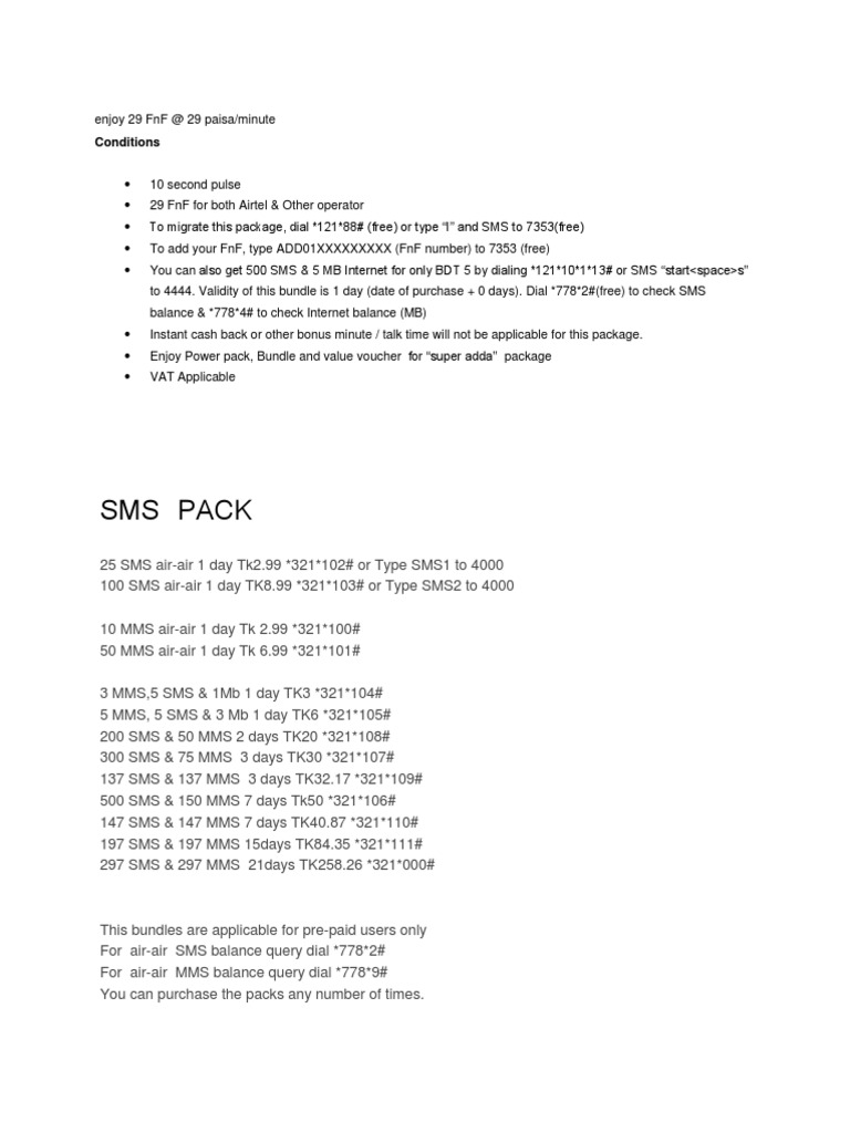 Airtel SMS Pack and Bundle Offers 2025 | PDF