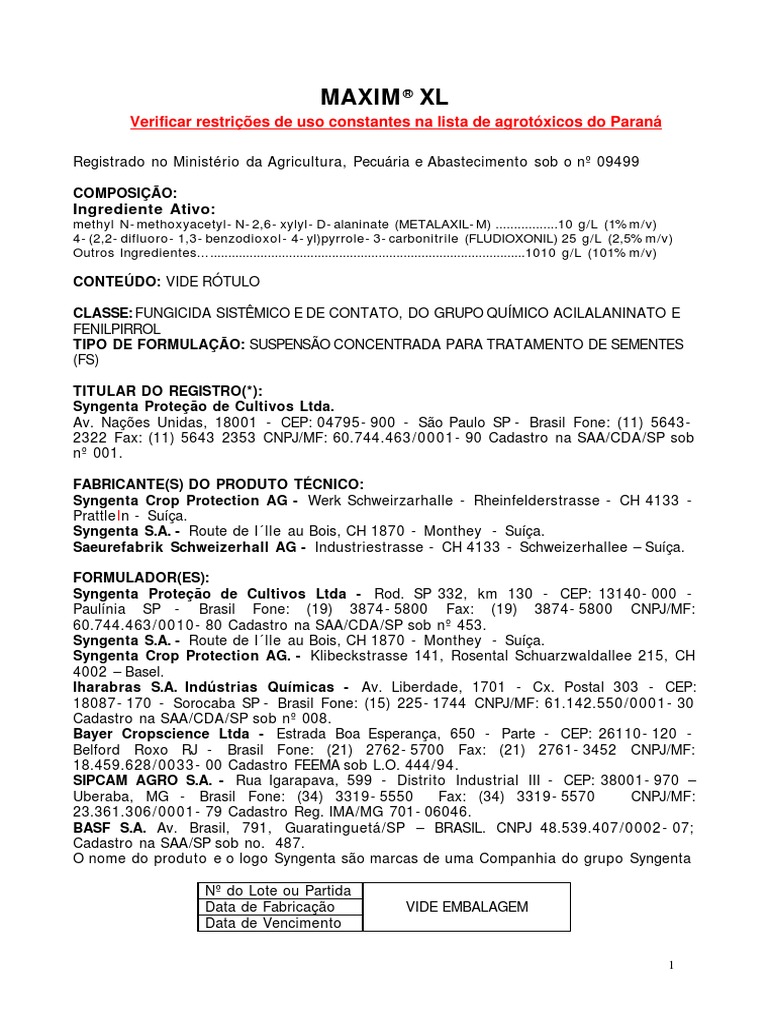 Maxim XL | PDF | Embalagem e rotulagem | Queimadura