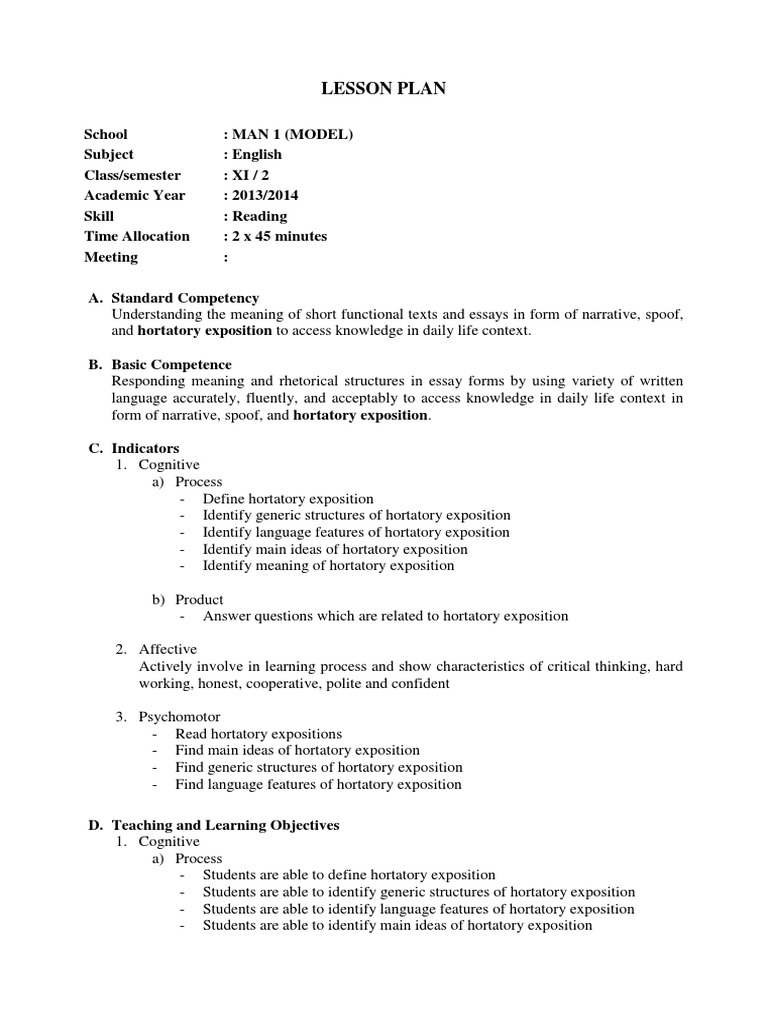 Lesson Plan (Reading) Hortatory Exposition | PDF | Advertising | Lesson ...