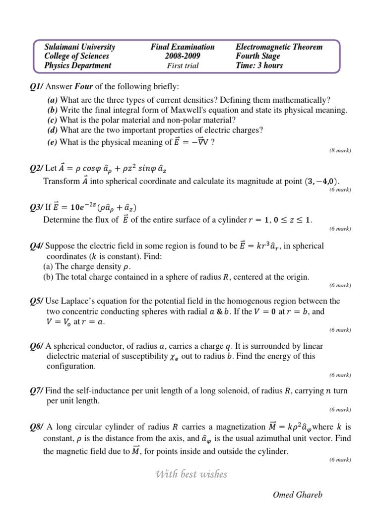 Final Electromagnetic Examination1 - 2009 | PDF | Sphere | Radius