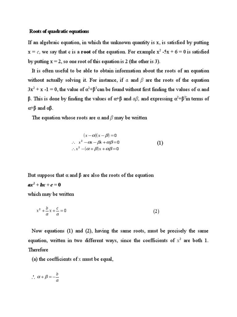 Roots of Quadratic Equations | PDF | Quadratic Equation | Equations