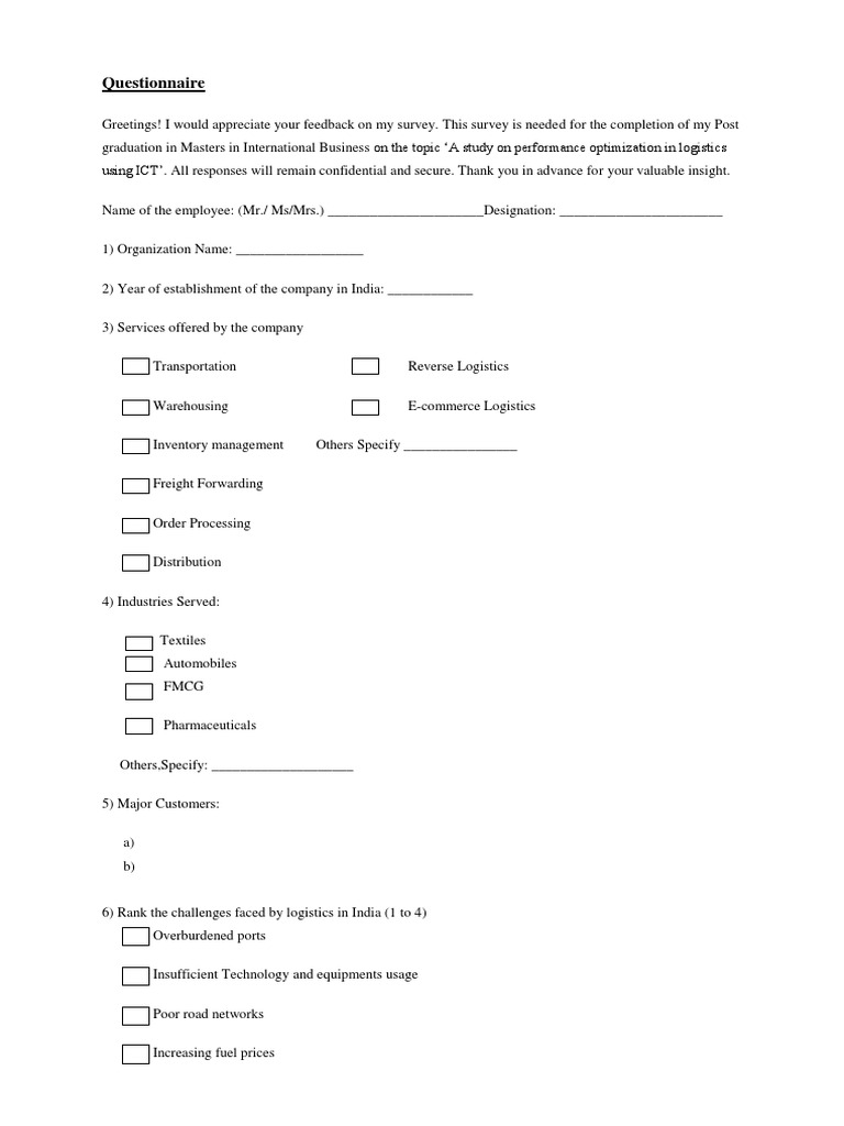 Questionnaire | PDF | Logistics | Industries