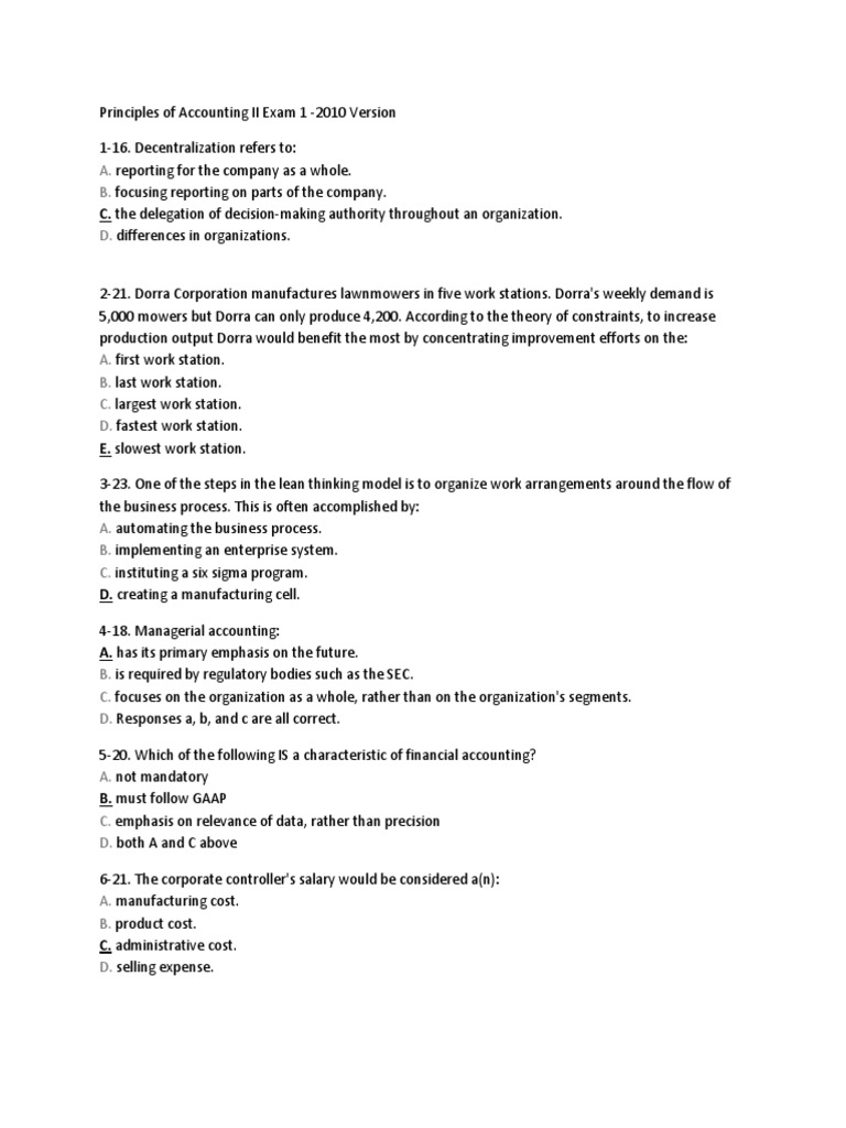 P of Acc II Exam 1 2010V-Answer Key | PDF | Cost Of Goods Sold | Cost