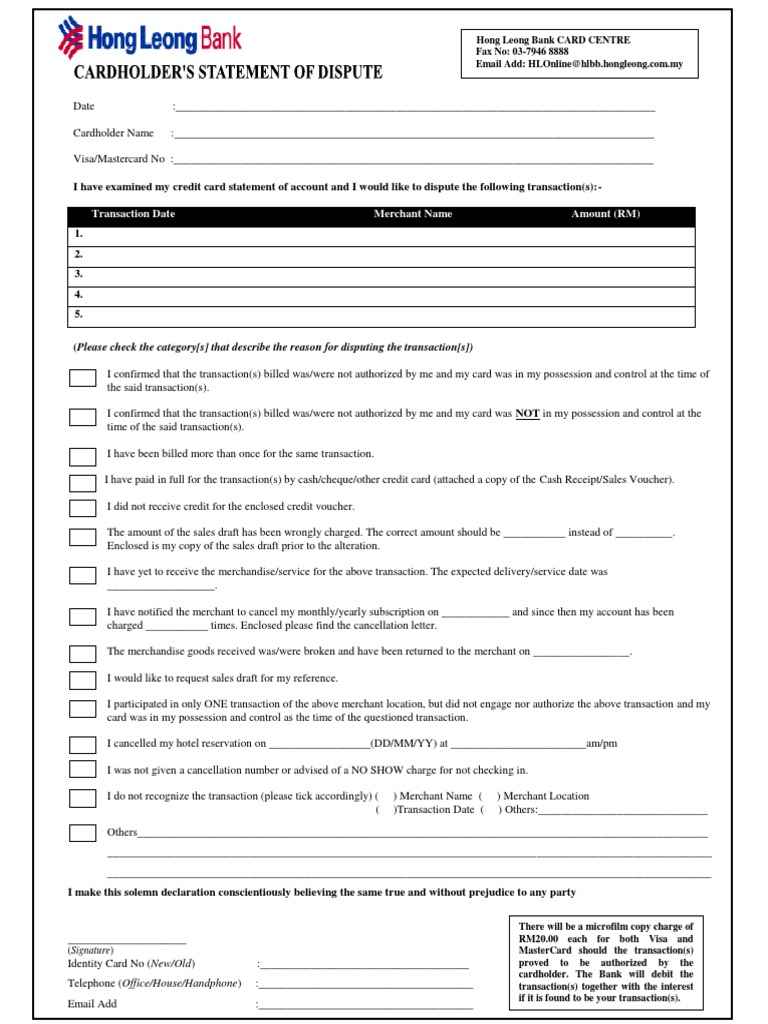 HLB Cardholder Dispute Form | PDF | Financial Transaction | Credit Card