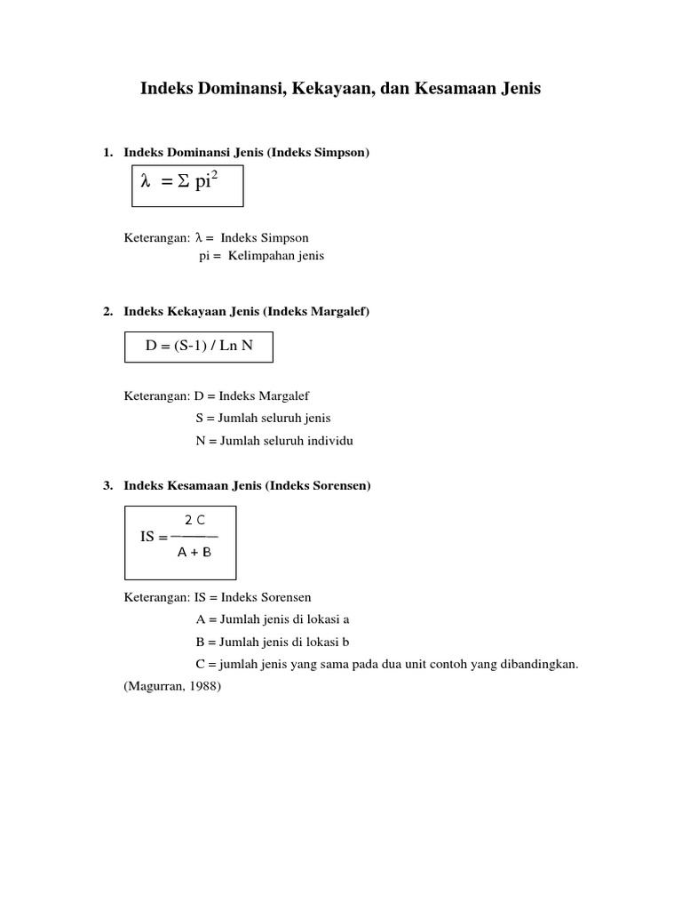 Indeks Dominansi, Kekayaan, Dan Kesamaan Jenis | PDF