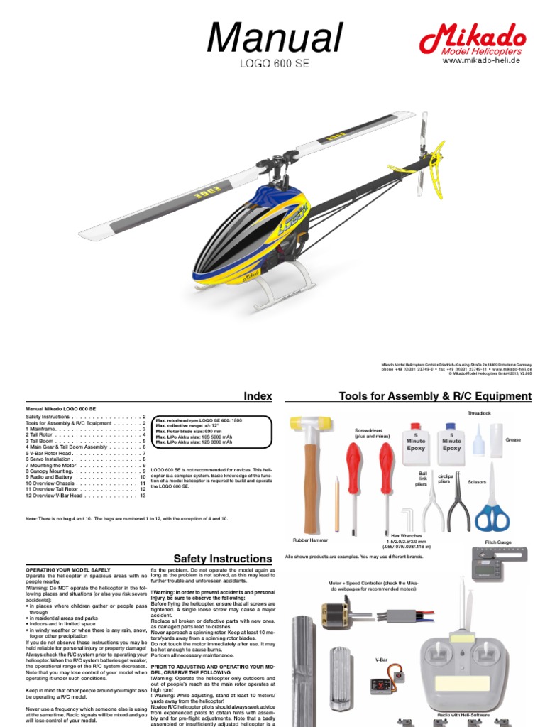 Mikado LOGO 600SE Manual | PDF | Helicopter | Helicopter Rotor